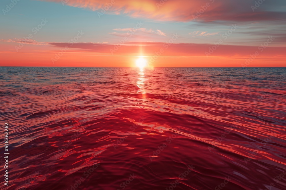 A high-contrast image of a red tide glowing under a setting sun, with ...