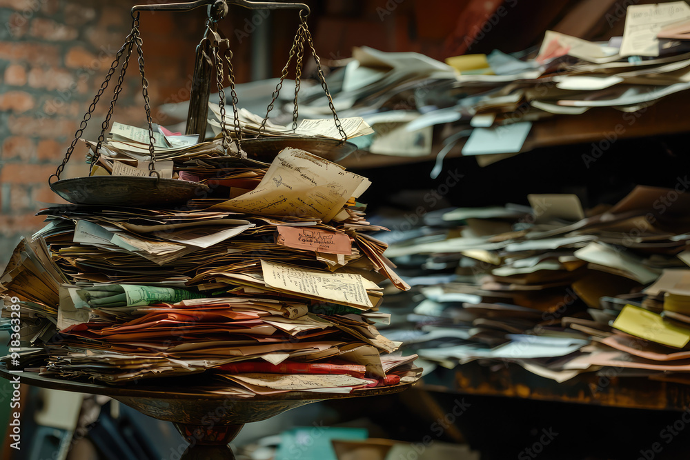 A scale tips under the weight of numerous documents, highlighting the ...