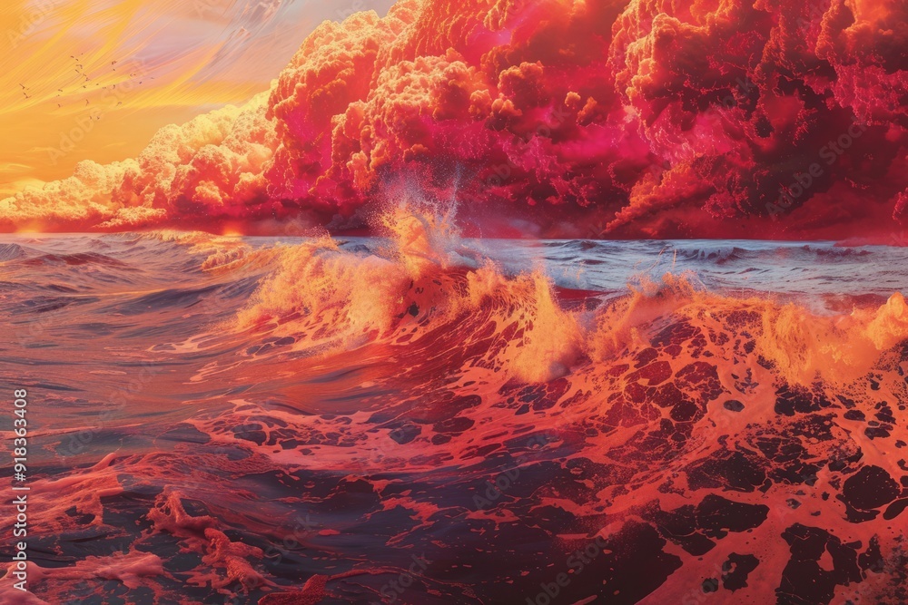 Red tide.Algal bloom concept.Algae microorganisms.A vivid, exaggerated ...