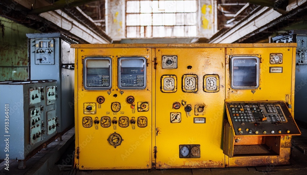 Yellow old dashboards with many buttons sensors and dials in control ...