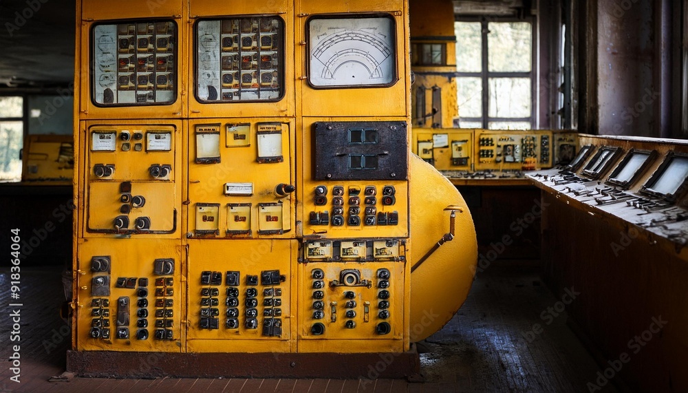 Foto de Yellow old dashboards with many buttons sensors and dials in ...