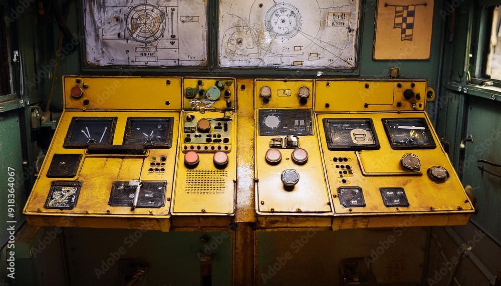 Yellow old dashboards with many buttons sensors and dials in control ...