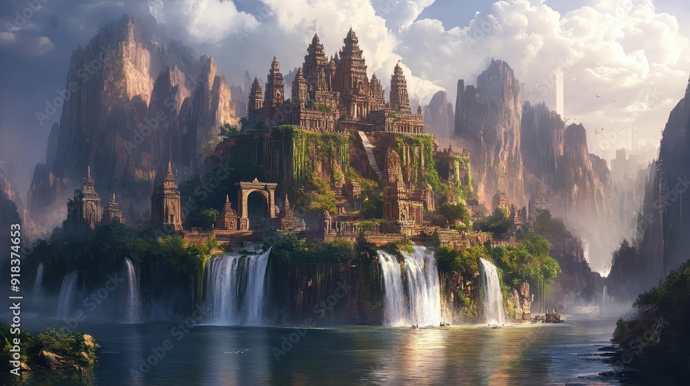 An enchanting ancient city built on an island in the middle of a serene ...