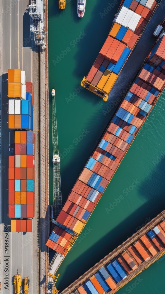 Busy industrial scene train with cargo containers on tracks near an ...
