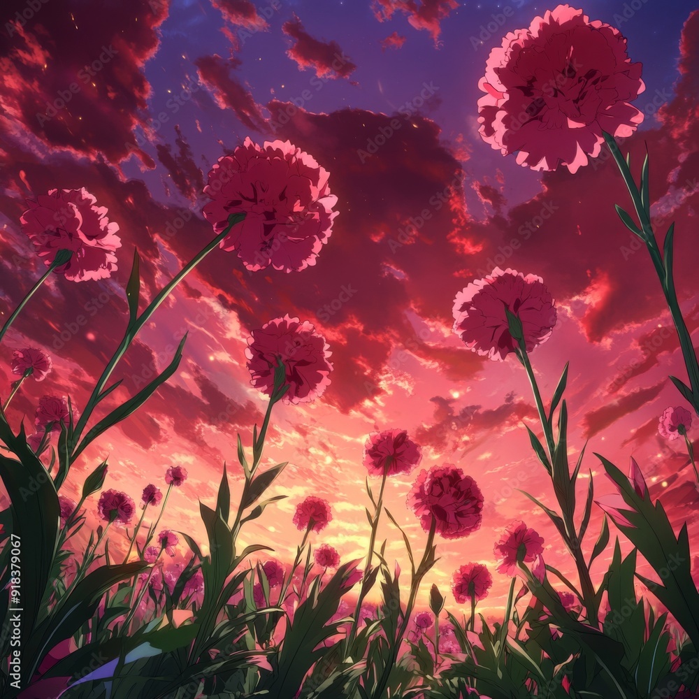 Enchanting Anime-Style Festive Carnation Dance Under a Dramatic Crimson ...