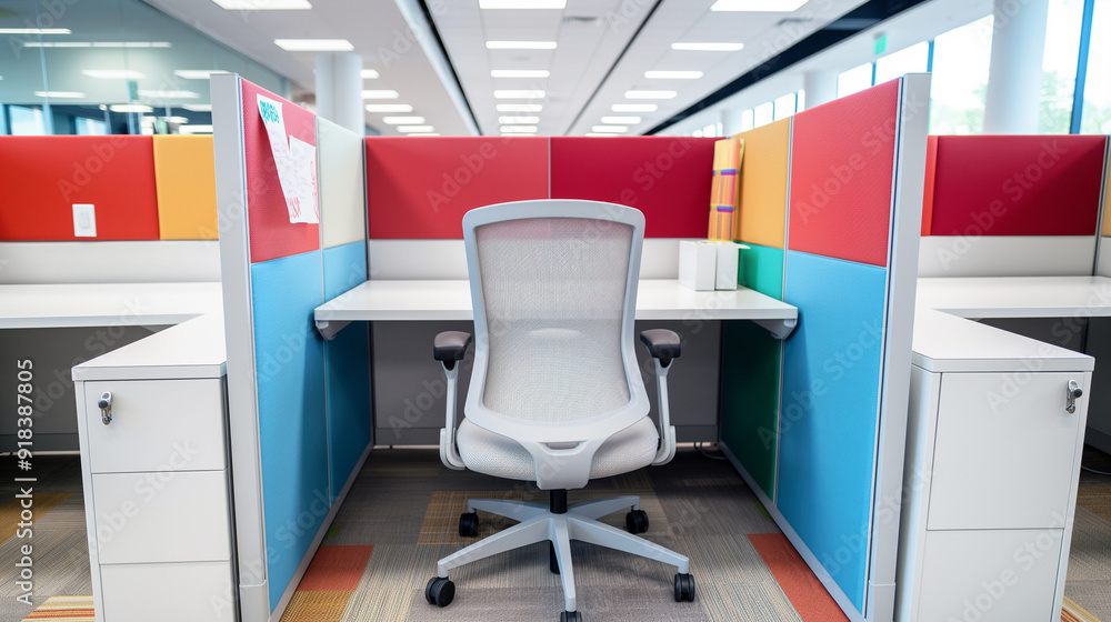 brightly colored cubicles and a white office chair in an office cubicle ...