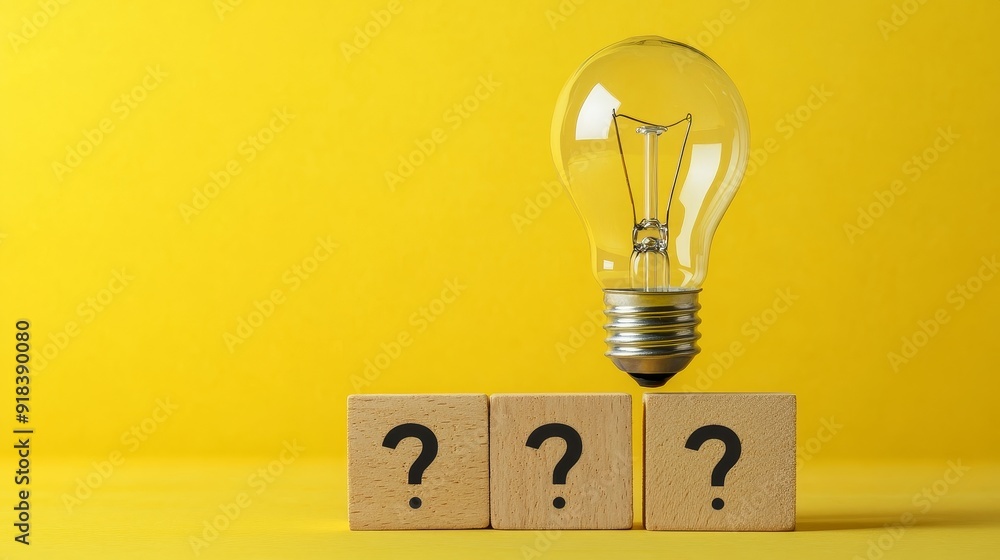 A light bulb illuminates three wooden blocks with question marks ...