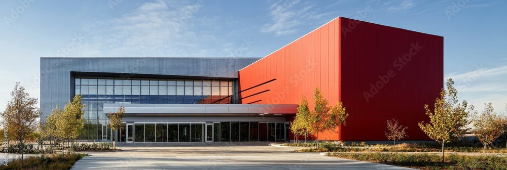 A modern building with a red facade and a grey roof, featuring large ...