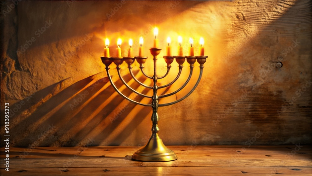 Warm golden light illuminates a traditional nine-branched Hanukkah ...