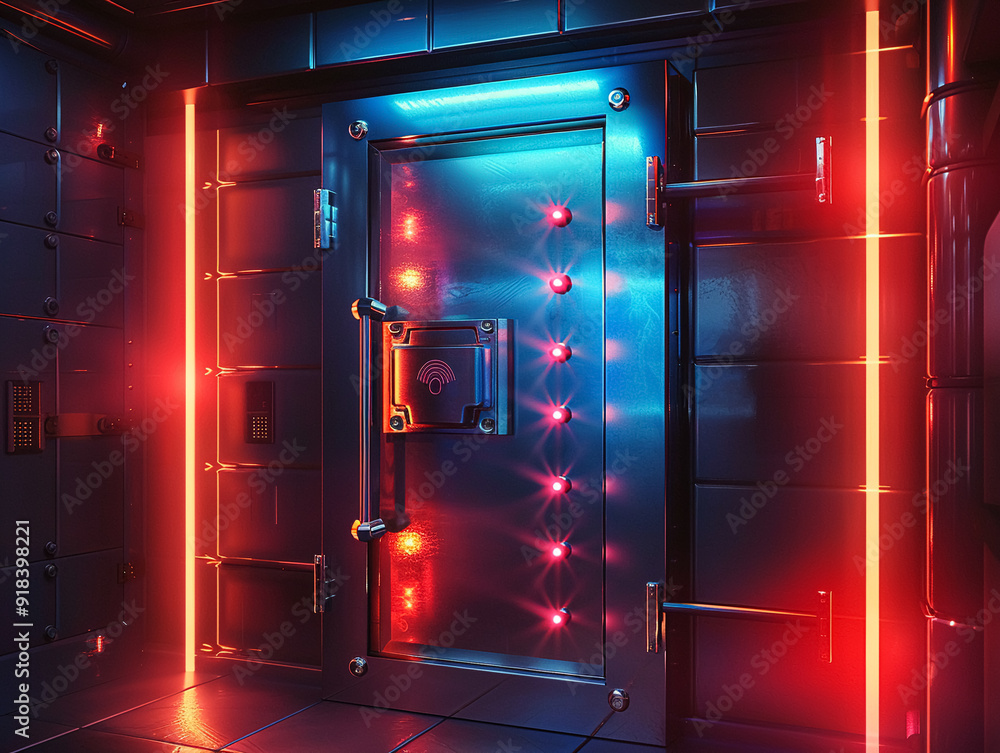 A high-security vault door with a fingerprint scanner, with glowing ...
