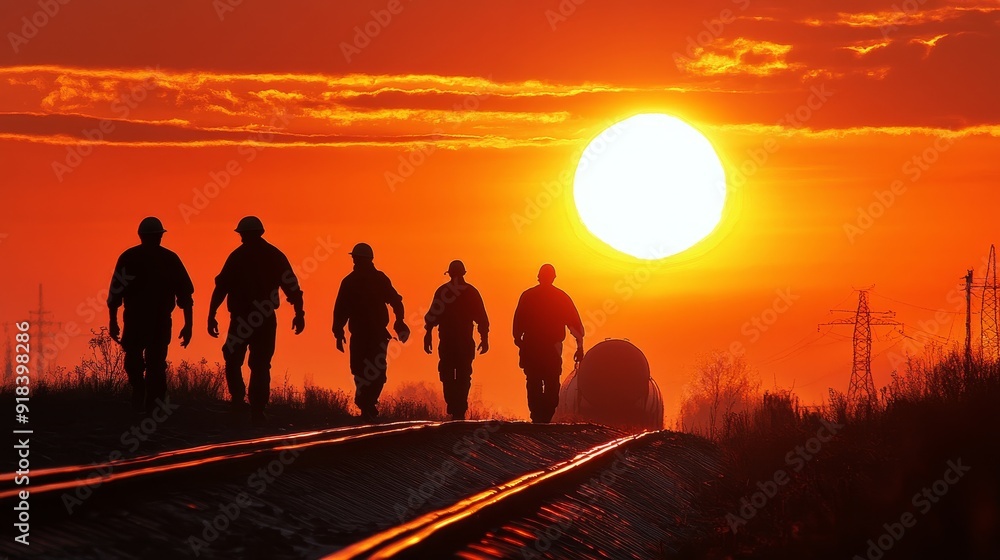 Five workers walk towards the setting sun on a railway track ...
