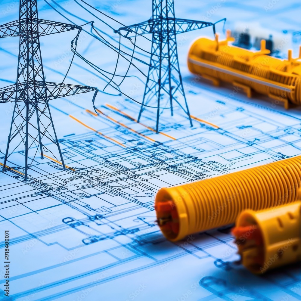 Blueprint of a power grid, detailed electrical lines and substation ...