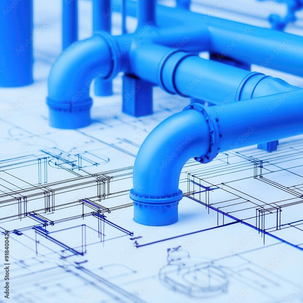 Blueprint of a sewage treatment plant, detailed piping and layout ...