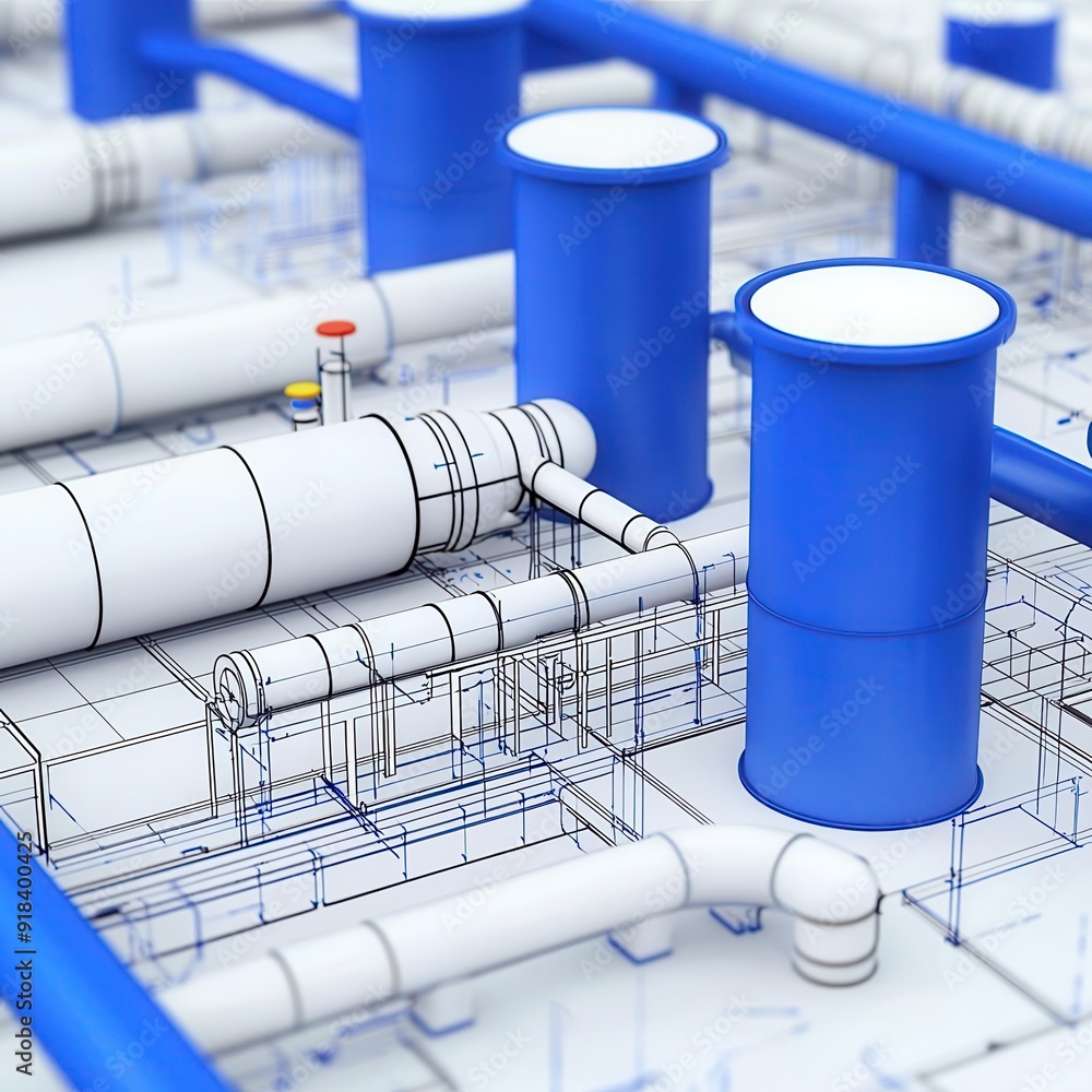 Blueprint of a sewage treatment plant, detailed piping and layout ...
