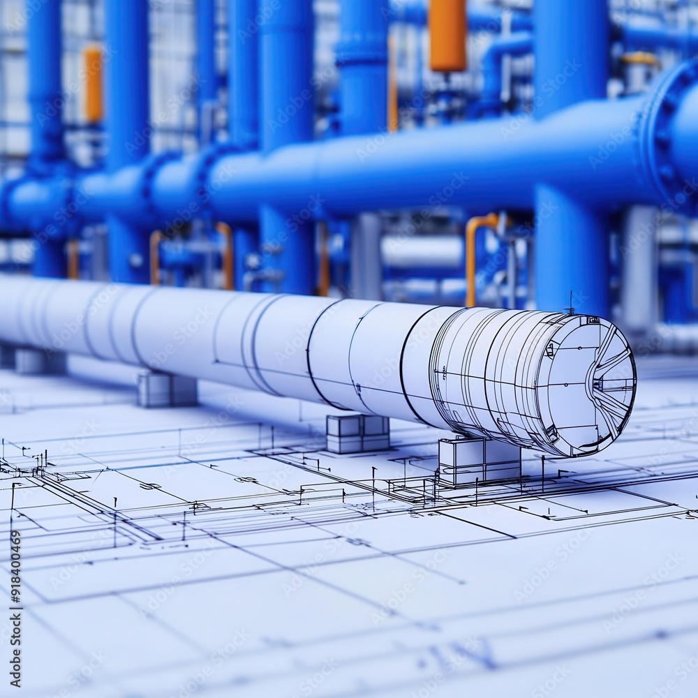 Blueprint of a sewage treatment plant, detailed piping and layout ...