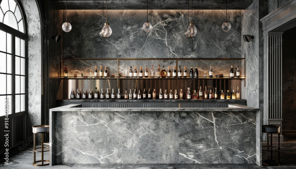 Modern marble bar interior featuring stylish lighting and an extensive ...