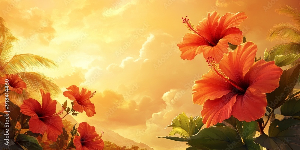 Tropical Hibiscus Blooms Under a Warm, Golden Sky, Exuding an Anime ...