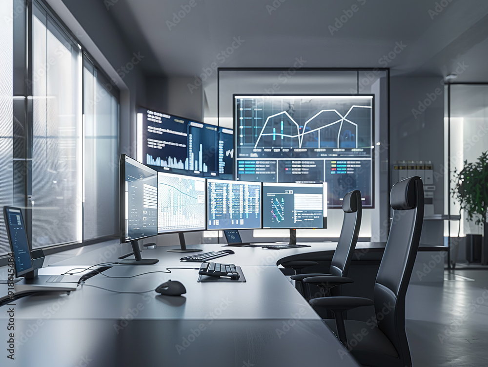 A modern office setup with multiple screens displaying real-time data ... A modern office setup with multiple screens displaying real-time data ...