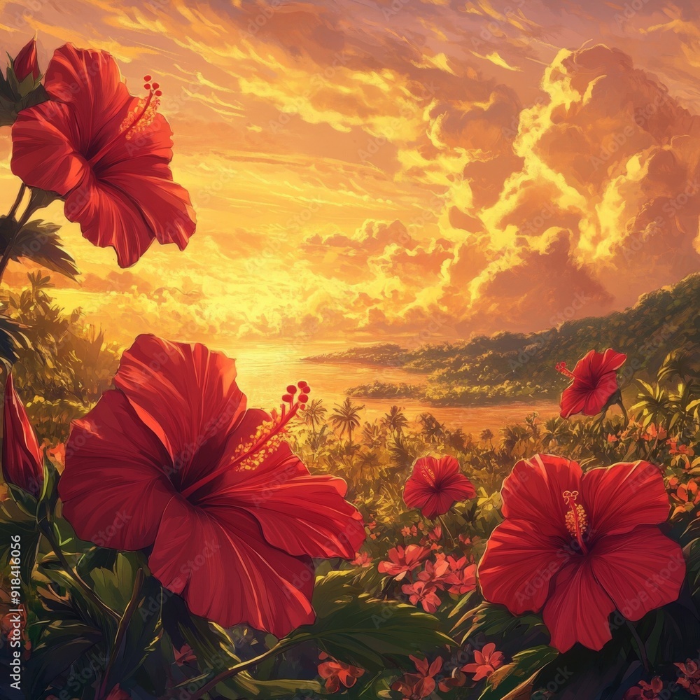 Tropical Hibiscus Blooms Under a Warm, Golden Sky, Exuding an Anime ...
