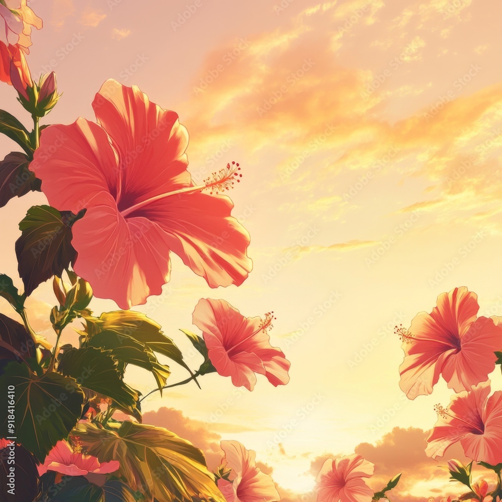 Tropical Hibiscus Blooms Under a Warm, Golden Sky, Exuding an Anime ...