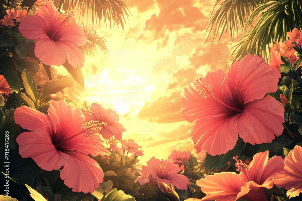 Tropical Hibiscus Blooms Under a Warm, Golden Sky, Exuding an Anime ...