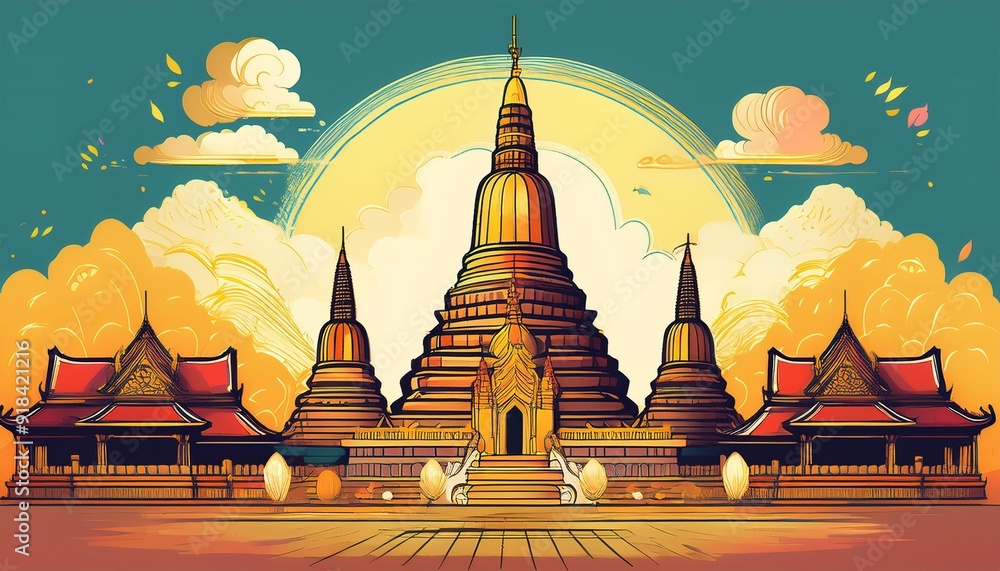 ภาพประกอบสต็อก Buddhist Temples- Cartoon or detailed representations of ...