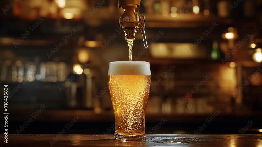 A glass of cold beer being poured from a tap in a bustling pub ...