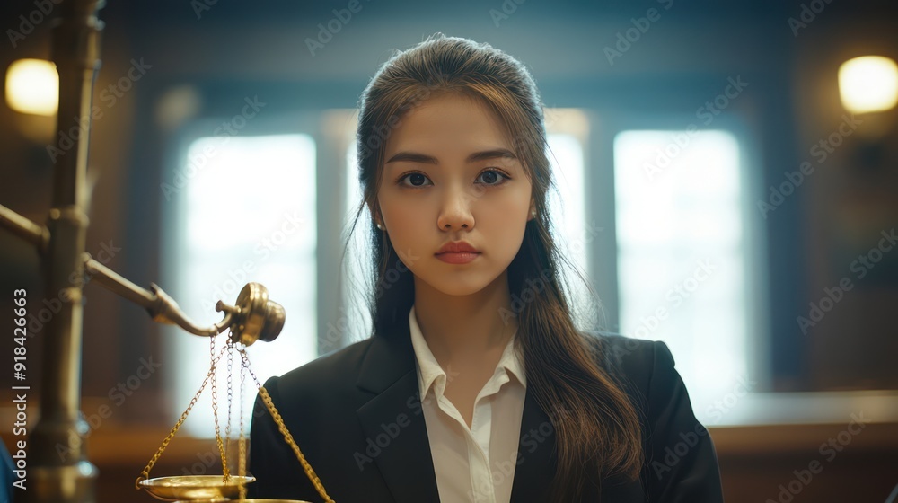 Asian female lawyer working and scales of justice in courtroom Stock ...