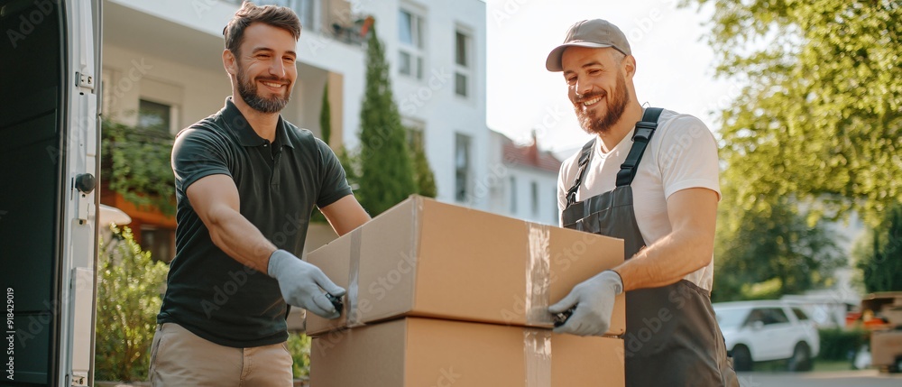 Professional Male Movers Unloading Office Desk With Seamless ...