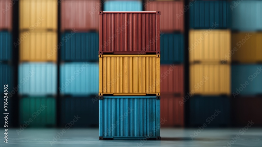 Three shipping containers stacked one above the other in a port ...