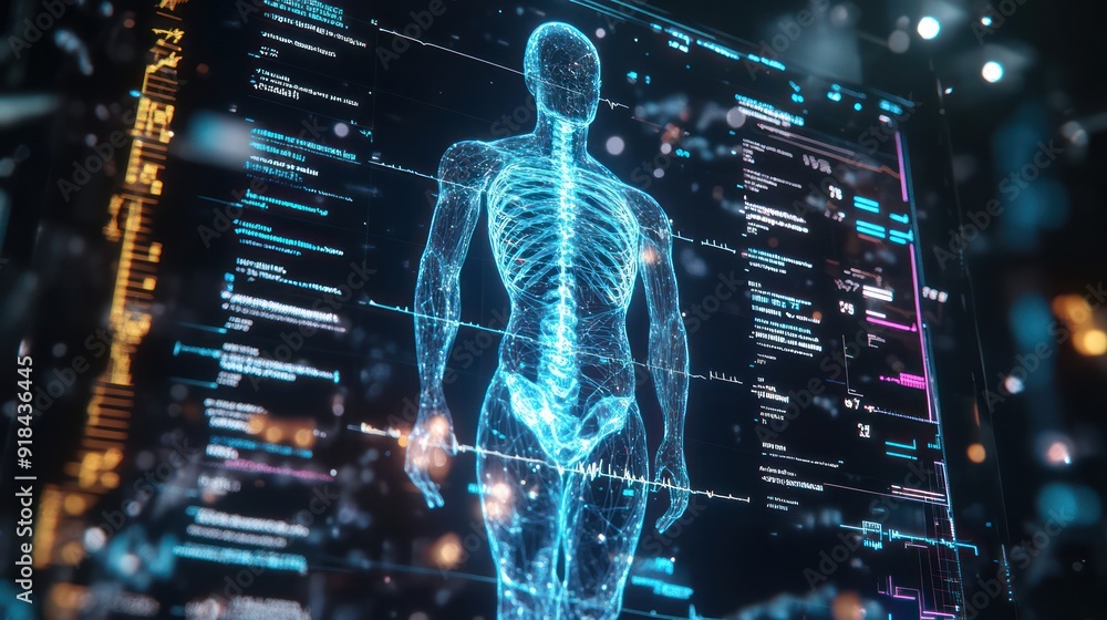 DNA photo on medical screen, hologram, science, data analysis ...