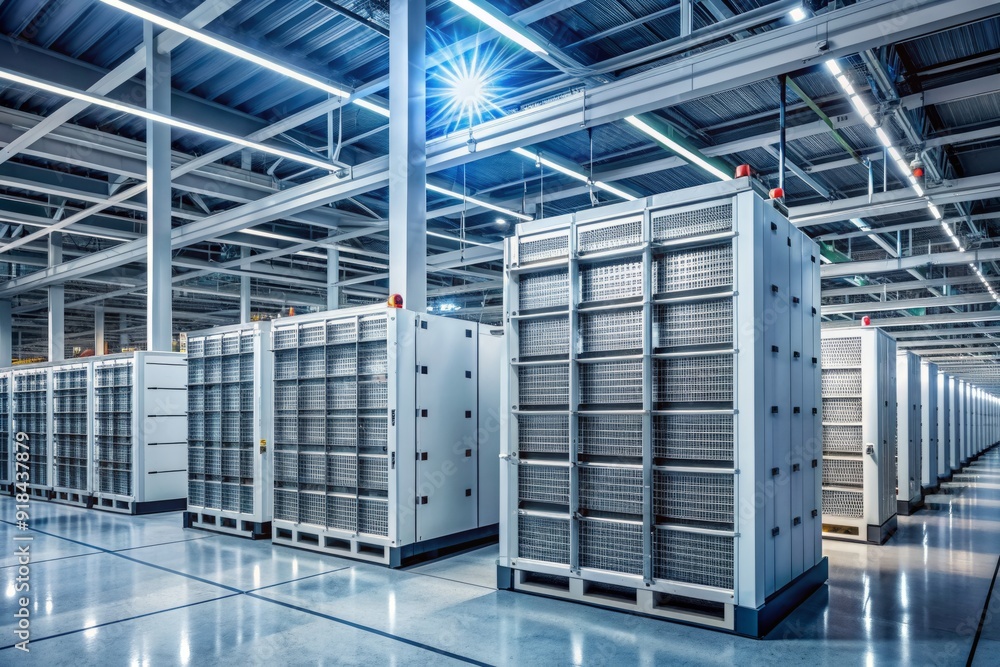 Racks of sleek, modern battery storage units align in a spacious, well ...