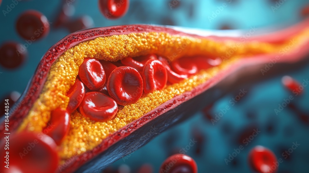 Detailed close-up of cholesterol plaque buildup in an artery ...