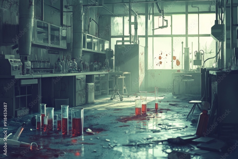 Illustrazione Stock Abandoned Laboratory with Scattered Test Tubes and ...
