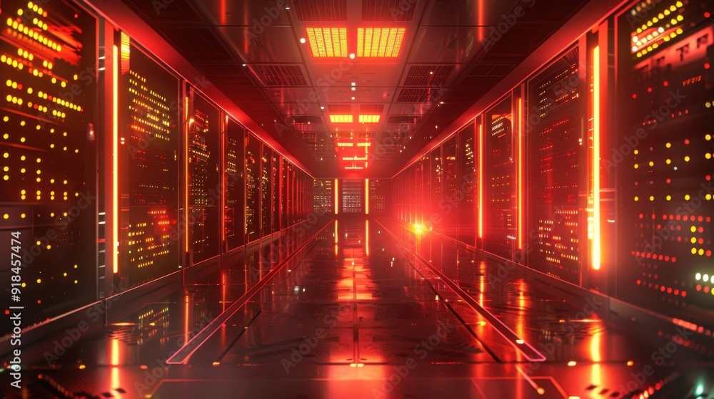 A 3D render of a data center during a peak operation period, with ...
