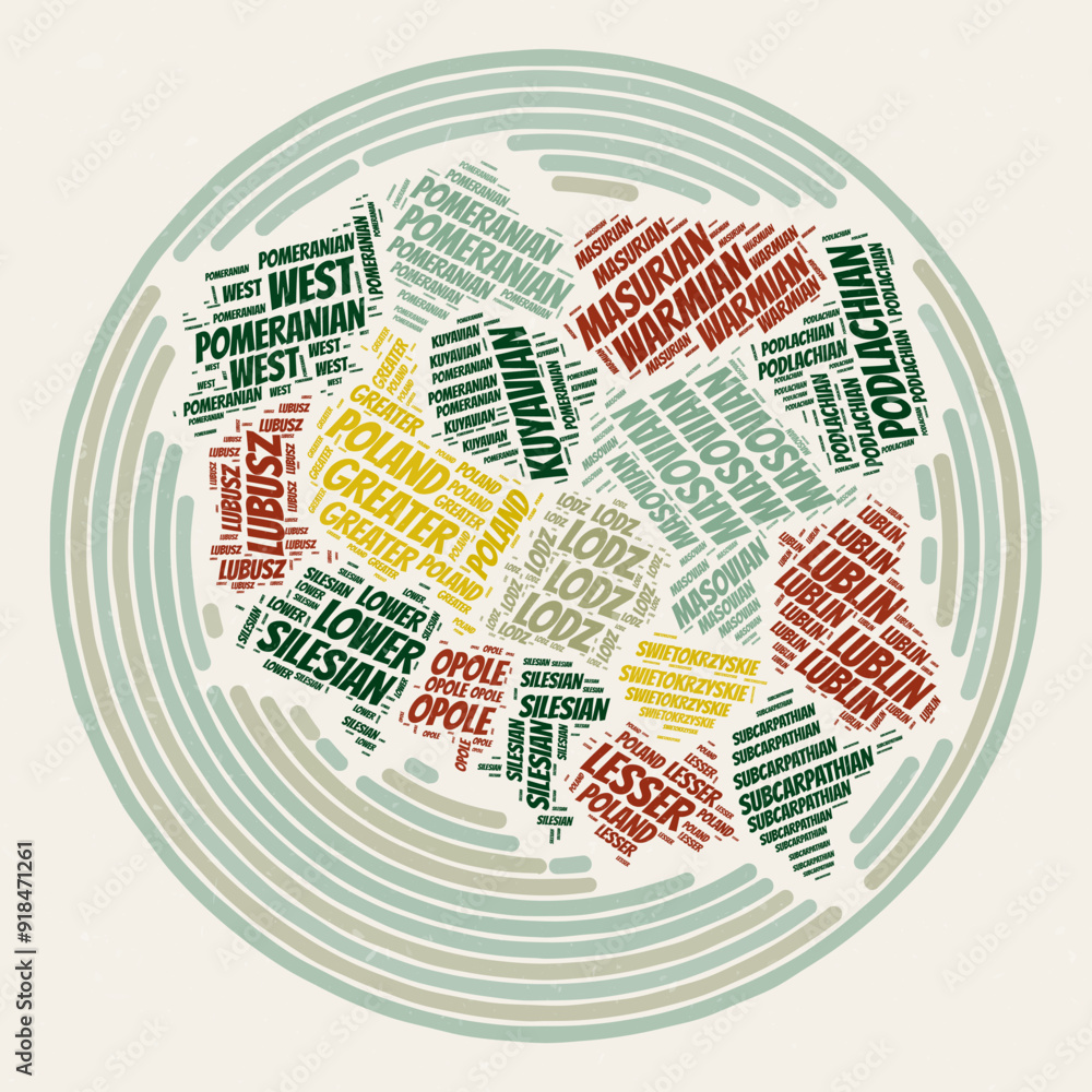 Poland Round Poster. Typography style image of Country. Regions word ...