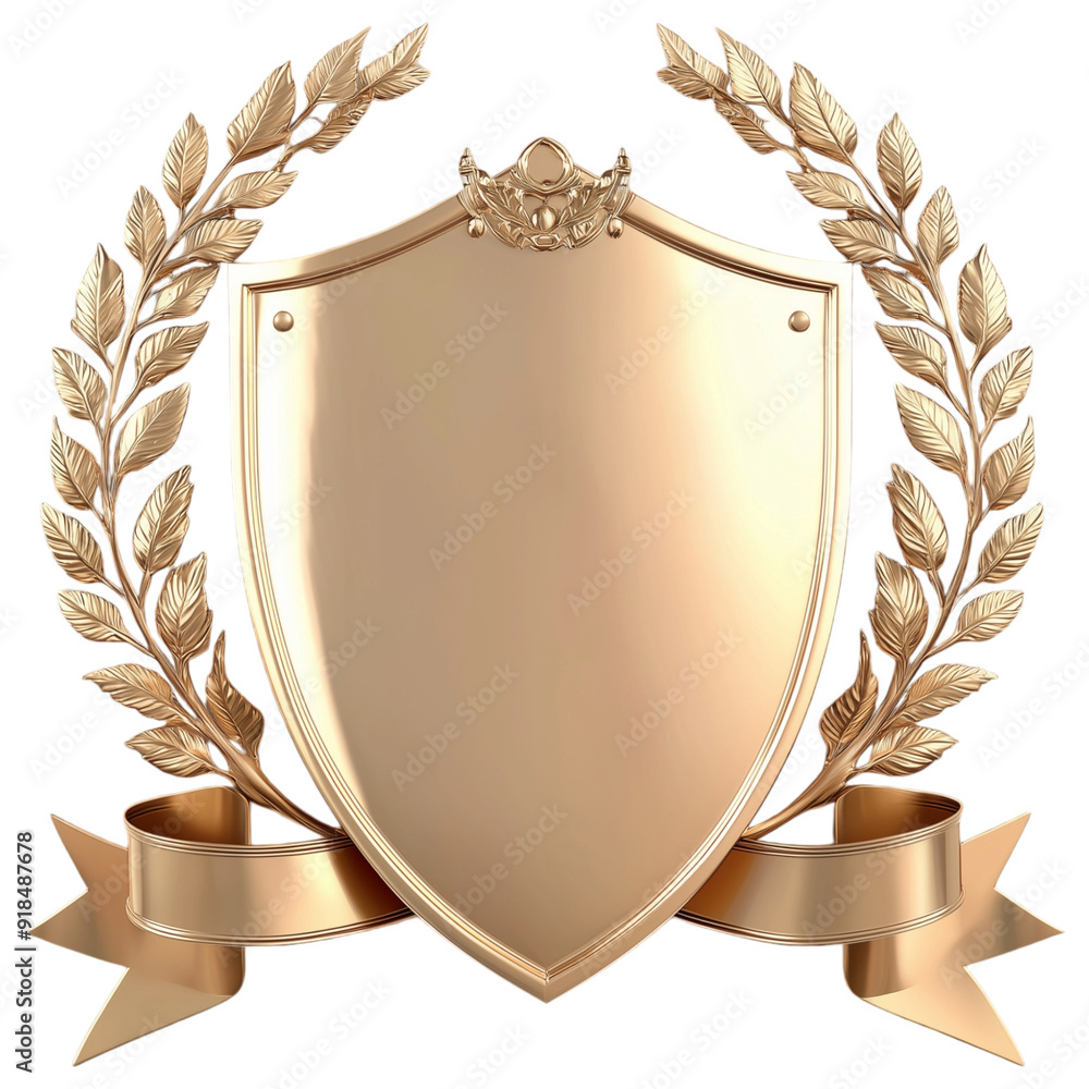 Ivory shield with gold laurel wreath and ribbon isolated on a ...