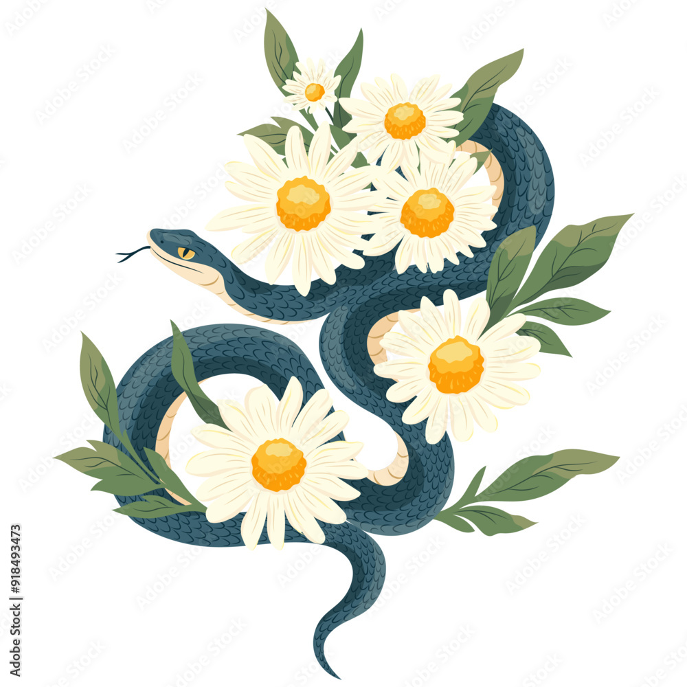 Snake with summer bouquet of daisy Vector illustration template for the ...