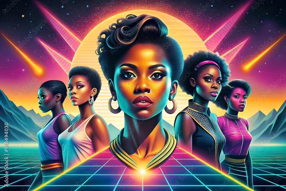 Futuristic pop art of five confident African women in a neon-lit, retro ... Futuristic pop art of five confident African women in a neon-lit, retro ...