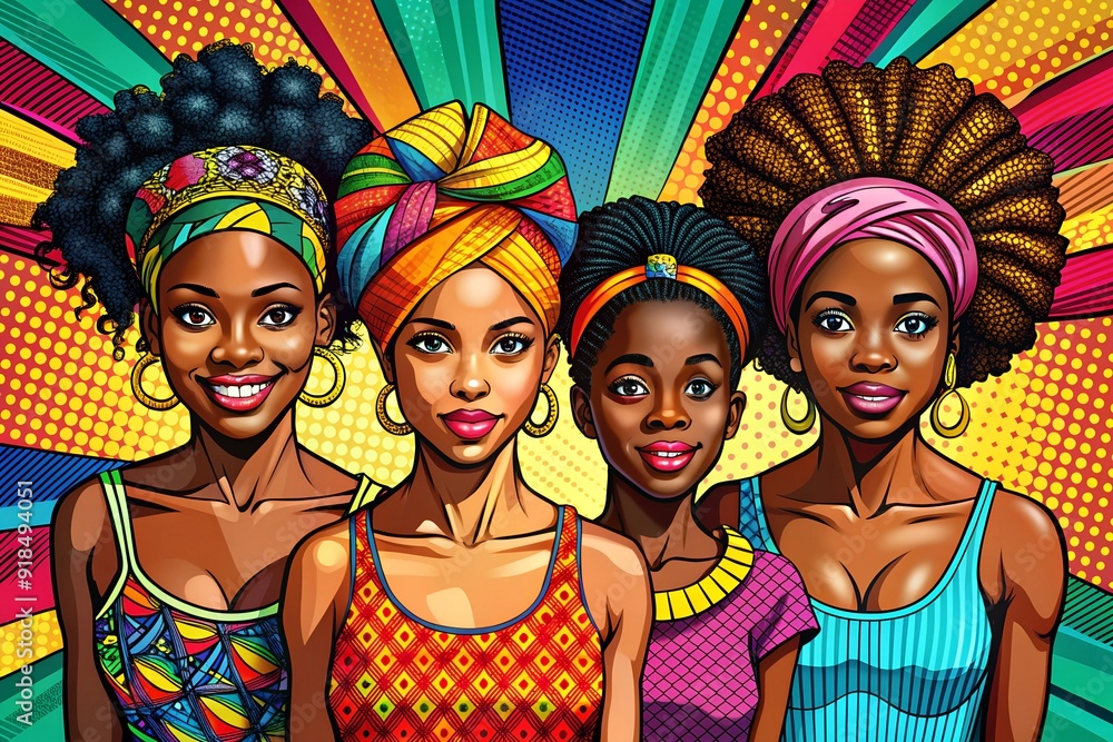 Vibrant pop art portrait of four African women in traditional headwraps ...