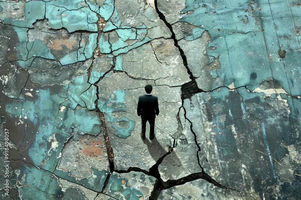 Man standing alone in the middle of a cracked and distressed surface ...