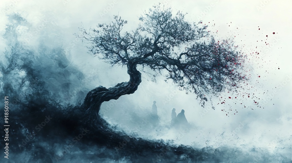 Atmospheric tree landscapes with silhouetted figures in misty ...