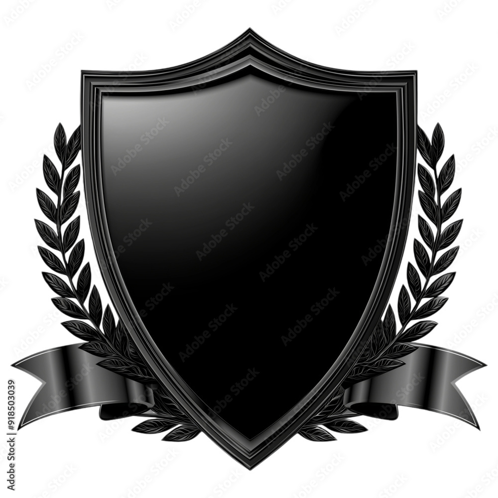 Elegant black shield crest with intricate details and laurel wreath on ...