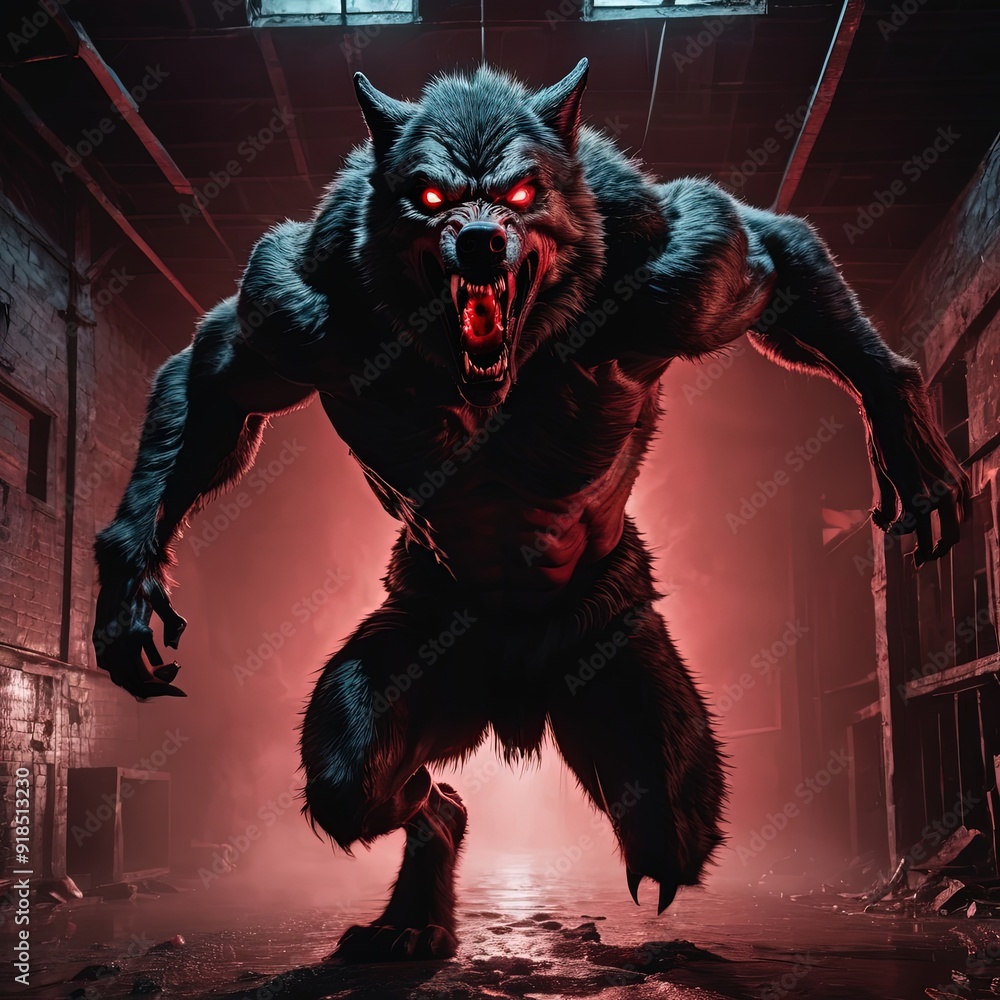Aggressive werewolf in a dark alley illuminated by red light and ...