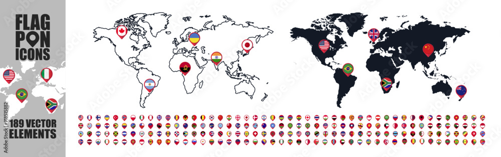 Global world map with geo location flag pins vector icon. Giant world ...