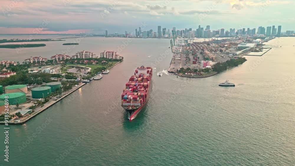 Container ship. Cargo ship with container in Miami, drone view. Freight ...
