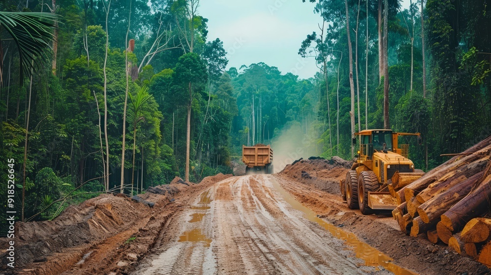 Two yellow logging trucks drive down a muddy road through a cleared ...