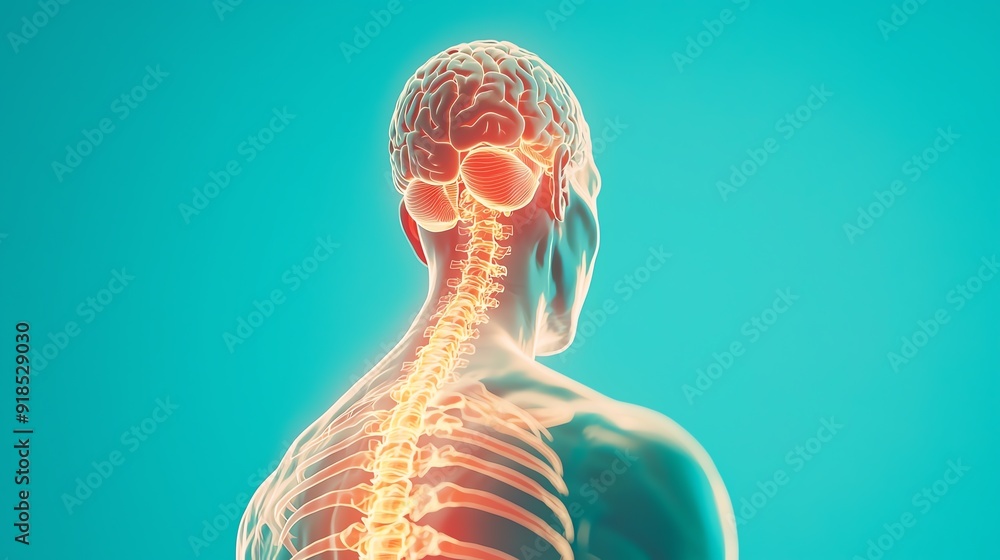 Anatomical illustration of the human brain and spine depicting neural ...
