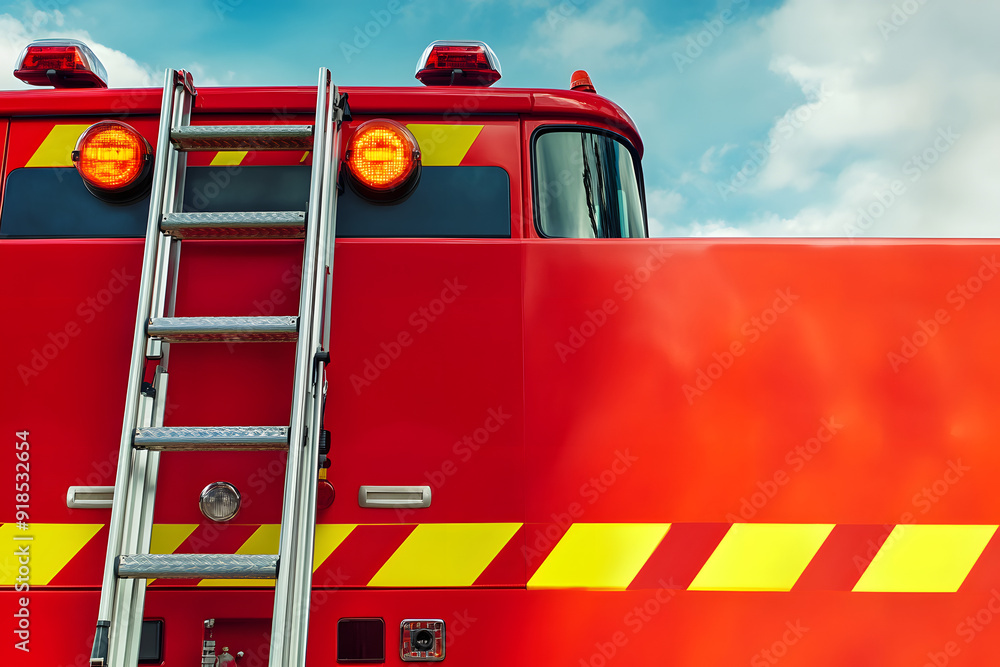 Front view of a fire truck with a ladder, warning stripes and lots of ...