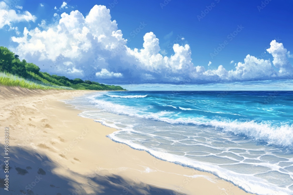 Deserted Beachscape: Tranquil Anime-Style Seaside with Gentle Waves ...